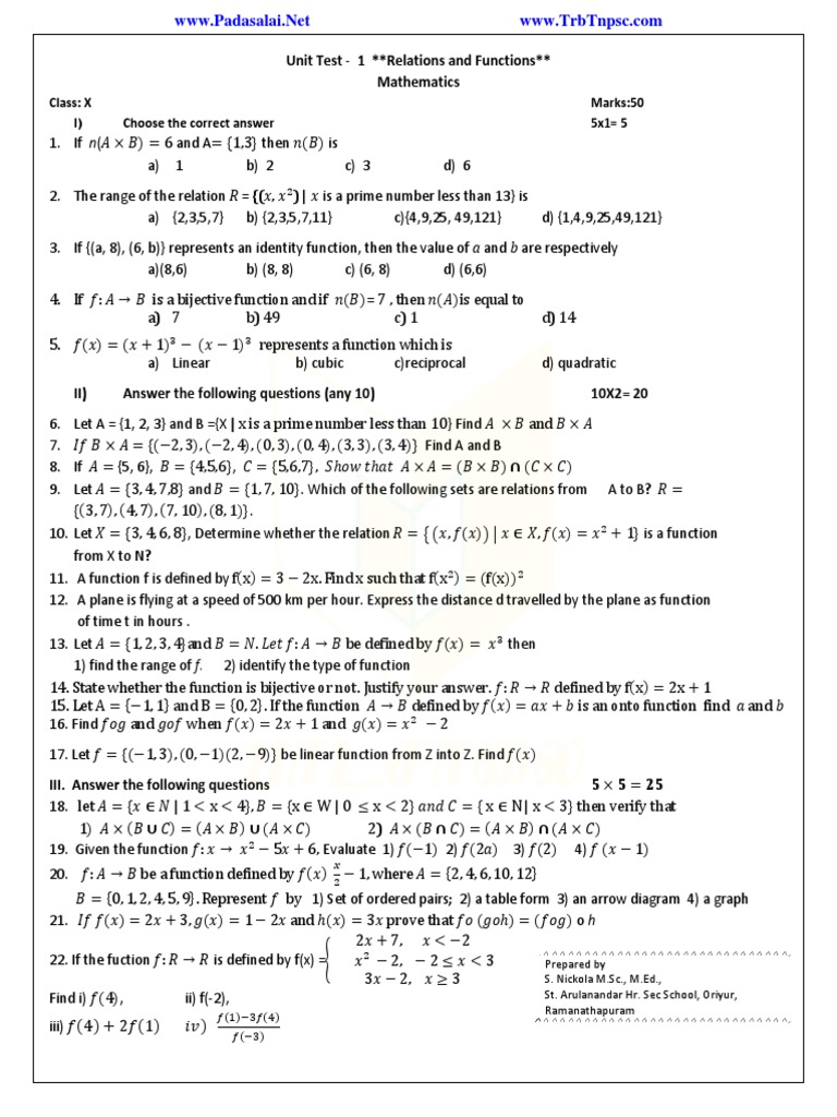 75 10th Maths Unit Test 1 Model Question Paper English Medium 1 | PDF ...