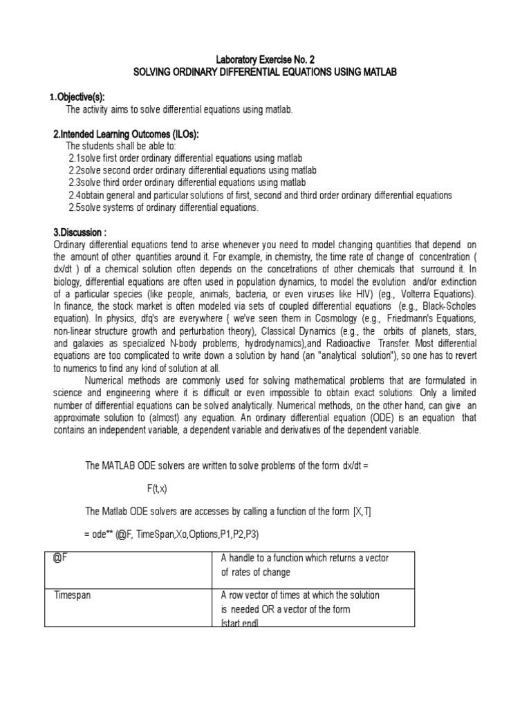 Solving ODEs with MATLAB Techniques | PDF | Ordinary Differential Equation | Differential Equations