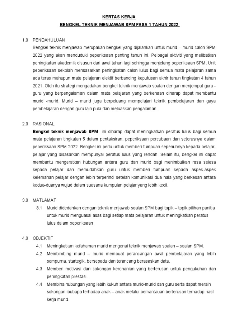 Kertas Kerja Bengkel Teknik Menjawab SPM Fasa 1 2022 | PDF
