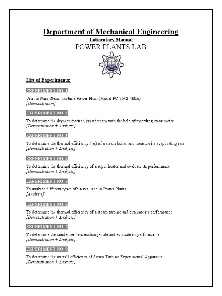 Laboratory Manual for Power Plants: A Guide to Experiments on Steam Turbine Systems and ...