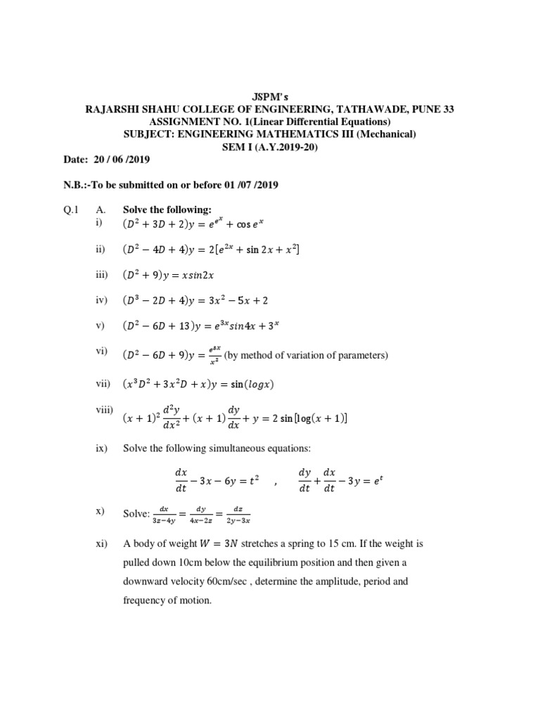Solutions to Linear Differential Equations Assignments for Engineering ...