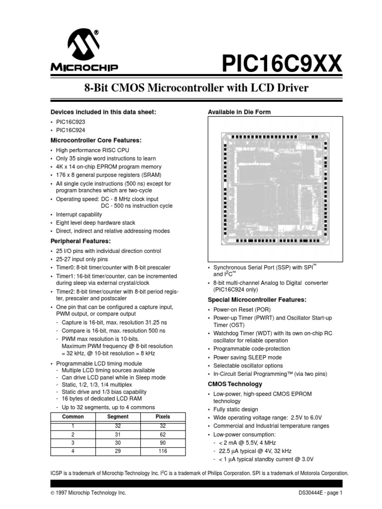 Pic16c9xx 8 Bit Cmos Microcontroller With Lcd Driver 30444e Pdf