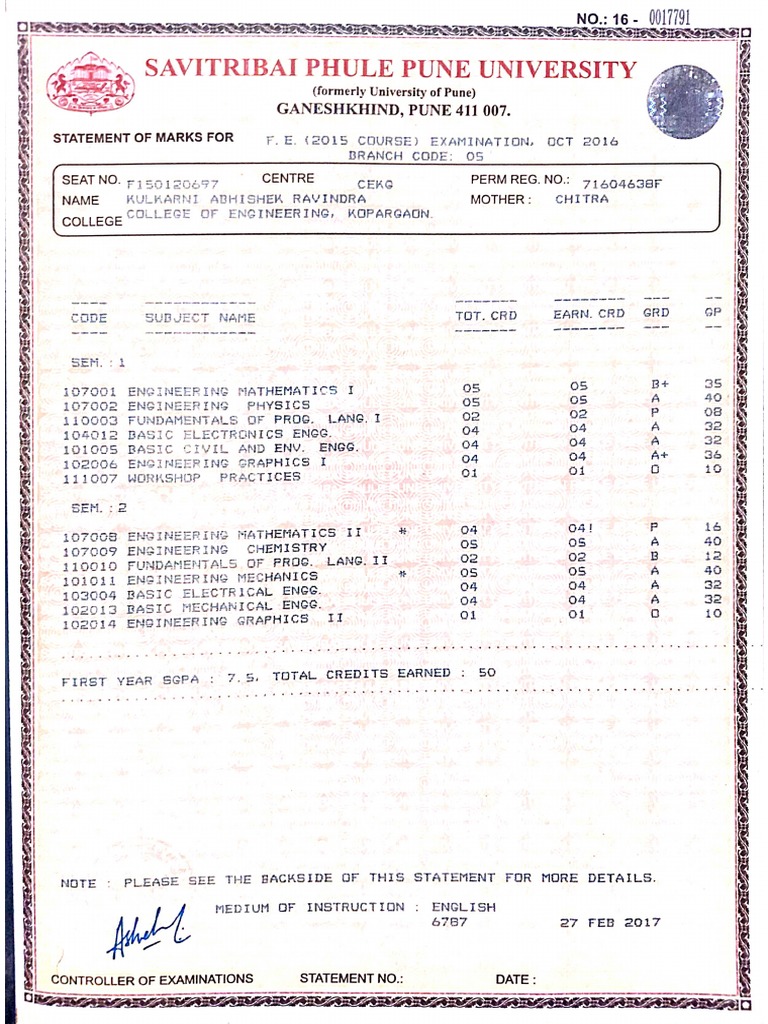 BE Marksheet | PDF