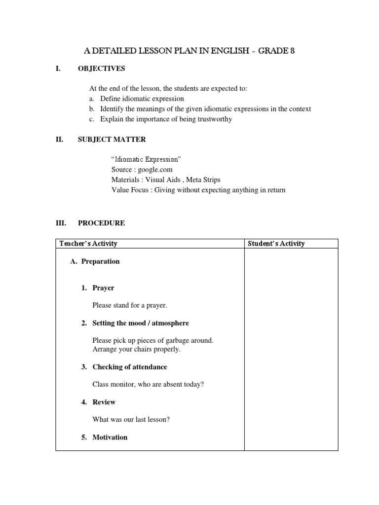 Detailed Lesson Plan in English8 Idiomsdocx PDF Free | PDF | Idiom | Lesson Plan