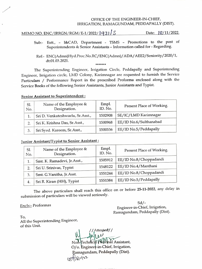 Memo-Promotion To Post of Supdt & SR - Asst. | PDF