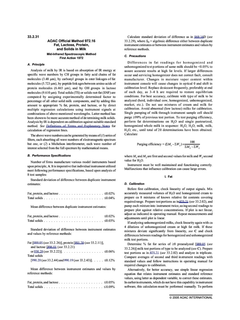 AOAC Methods for Milk Analysis | PDF | Milk | Nutrition