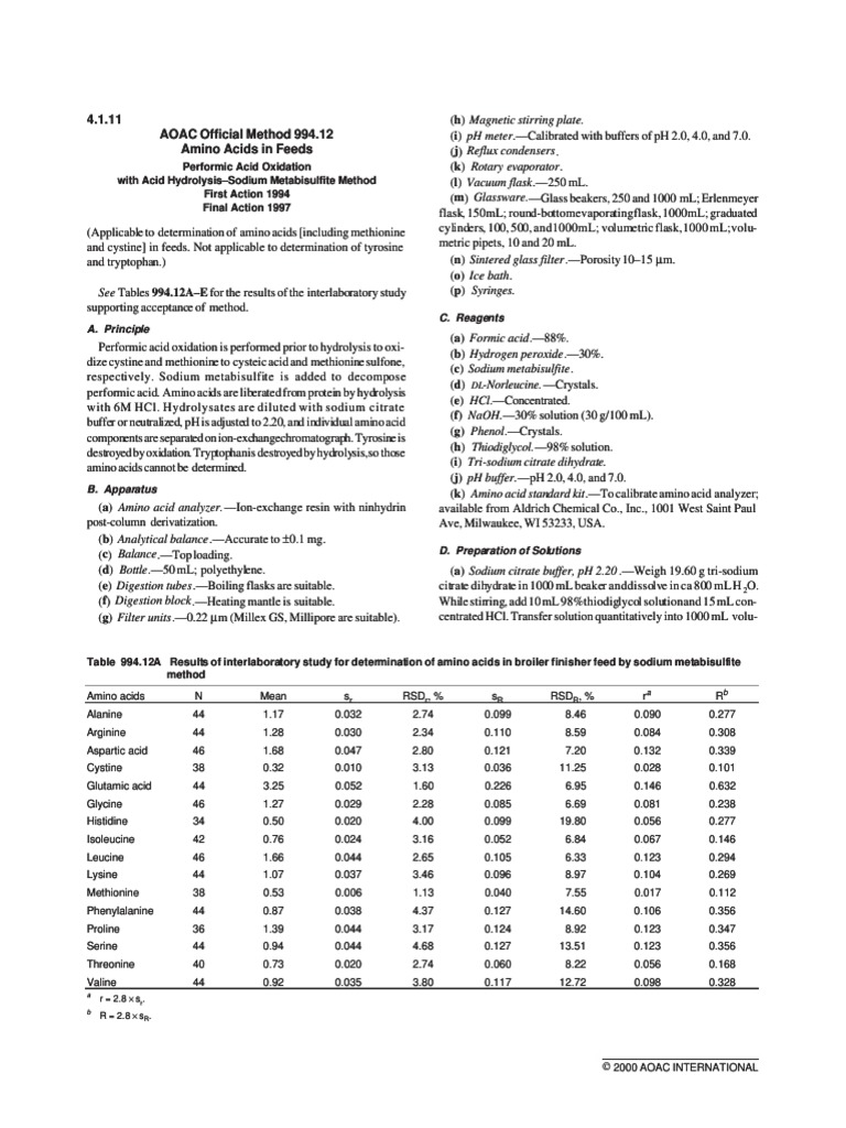 Aoac Official Method 994.12 Amino Acids in Feeds | PDF | Amino Acid | Ph