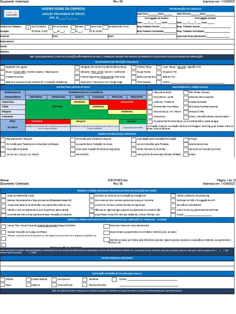 NR01 - Planilha - Modelo de APR - 2022 | PDF | Desperdício