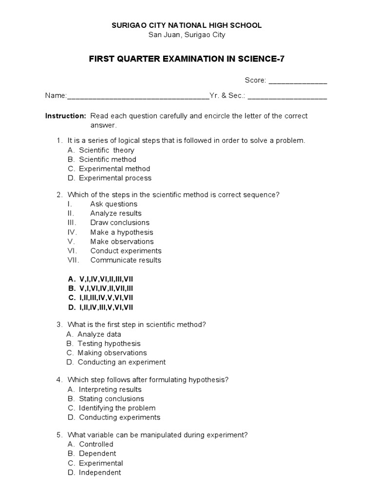1st Quarter Test Questions | PDF | Mixture | Scientific Method