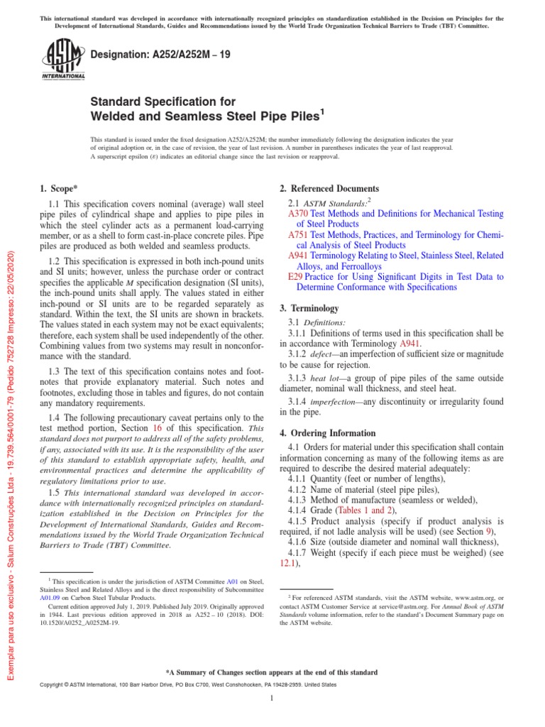 ASTM - A252 - Standard Specifiction For Welder and Seamless Steel Pipe ...