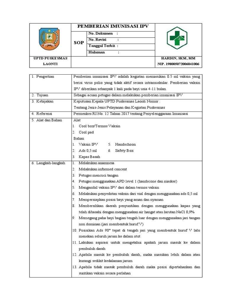Sop Pemberian Imunisasi Ipv | PDF