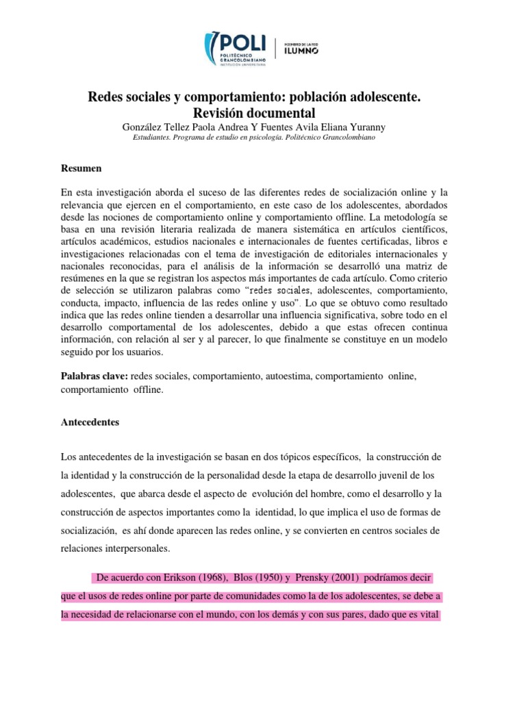 Redes Sociales y Comportamiento de La Poblacion Adolescente | PDF | Comportamiento | Servicio de ...