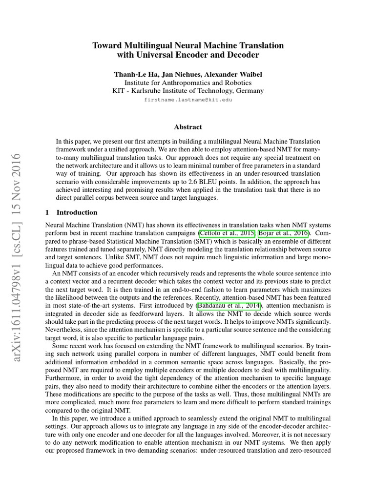 Toward Multilingual Neural Machine Translation With Universal Encoder and Decoder | PDF ...