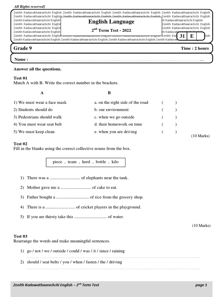 2022 - 2nd Term Test - Grd9 | PDF | Elephant | Mammal Ecology