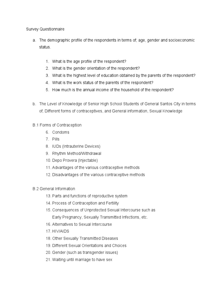 Survey Questionnaire | PDF | Birth Control | Human Sexual Activity