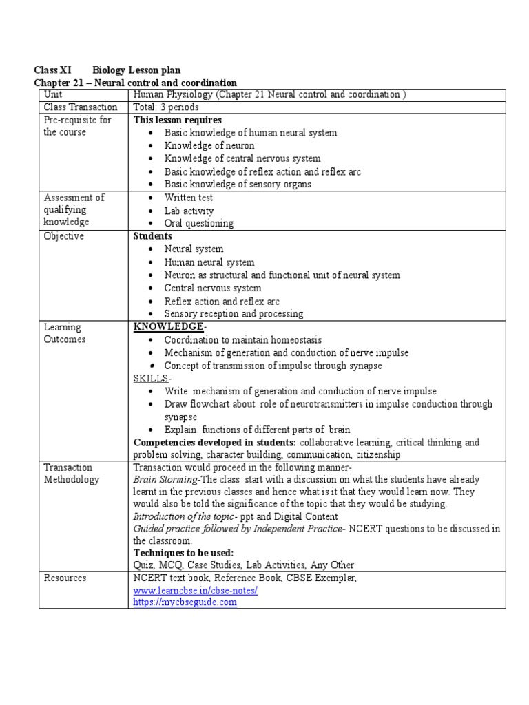 Class XI Neural Control Lesson Plan | PDF | Nervous System | Neuron