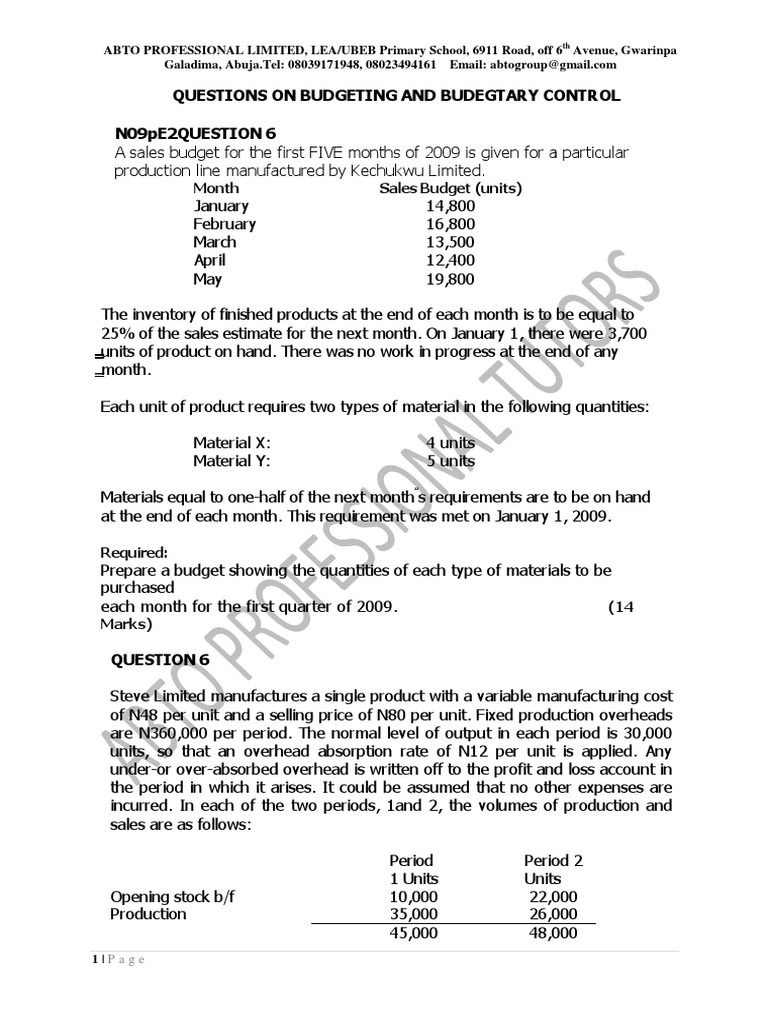Budgeting And Budgetary Control Pdf Inventory Depreciation