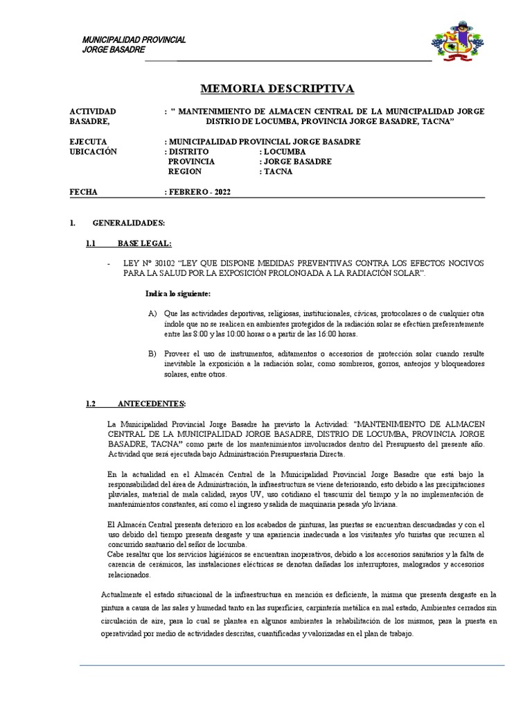 Memoria Descriptiva Mantenimiento Almacen | PDF