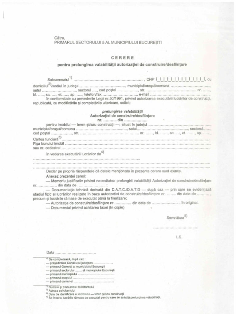 Cerere Prelungire Valabilitate AUTORIZATIE DE CONSTRUIRE | PDF