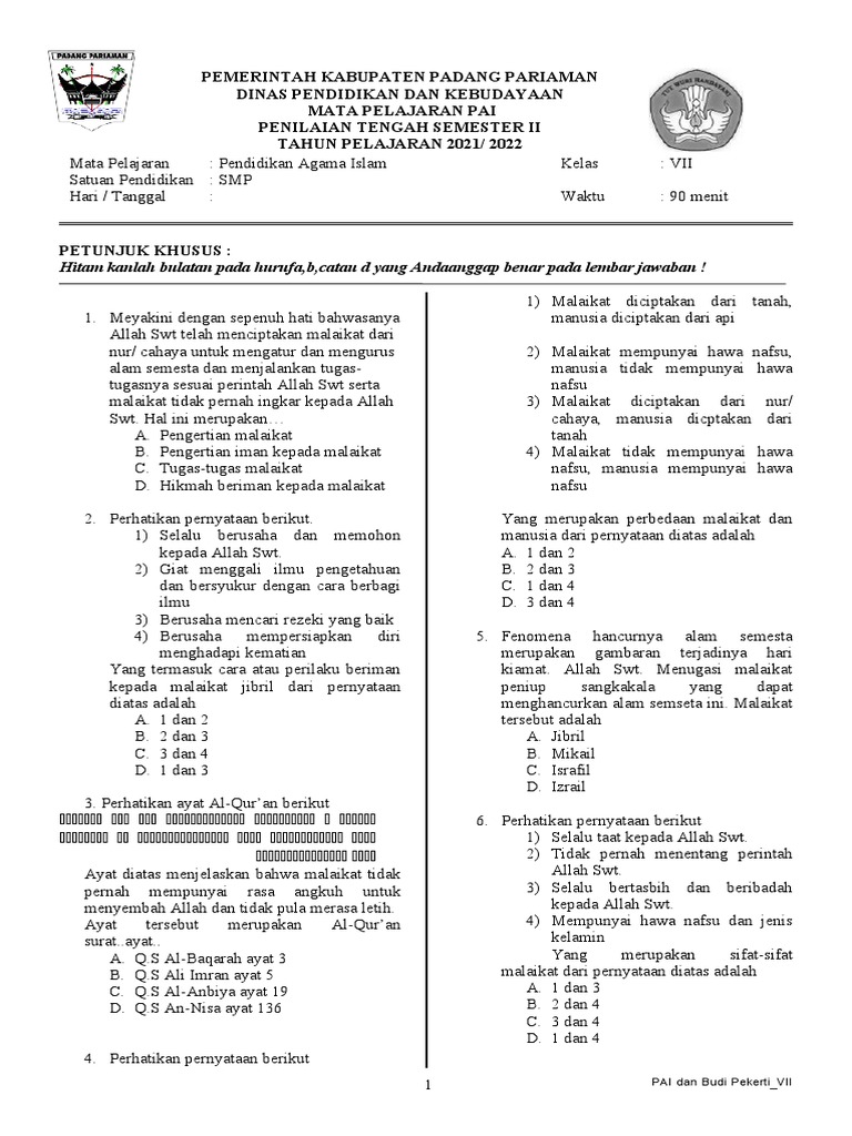 Soal PTS Pai Kelas 7 Sem 2 2021-2022 | PDF