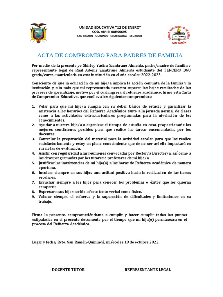 Acta de Compromiso para Padres de Familia 2022-2023 Adonis | PDF