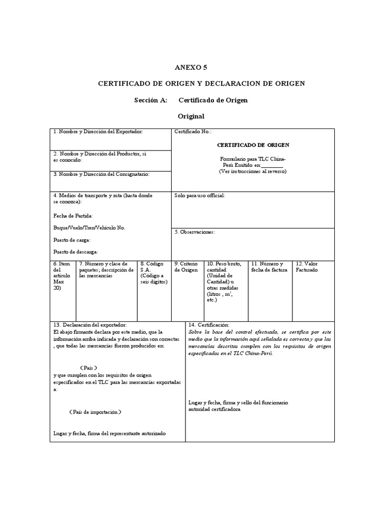 Certificado y Declaración de Origen TLC China-Perú | PDF | Factura