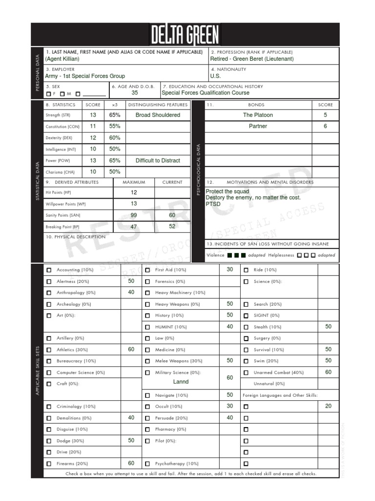 Delta Green Character - Retired Green Beret | PDF