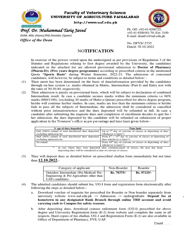 Faculty of Veterinary Science at UAF Admission Notification | PDF | Academic Degree