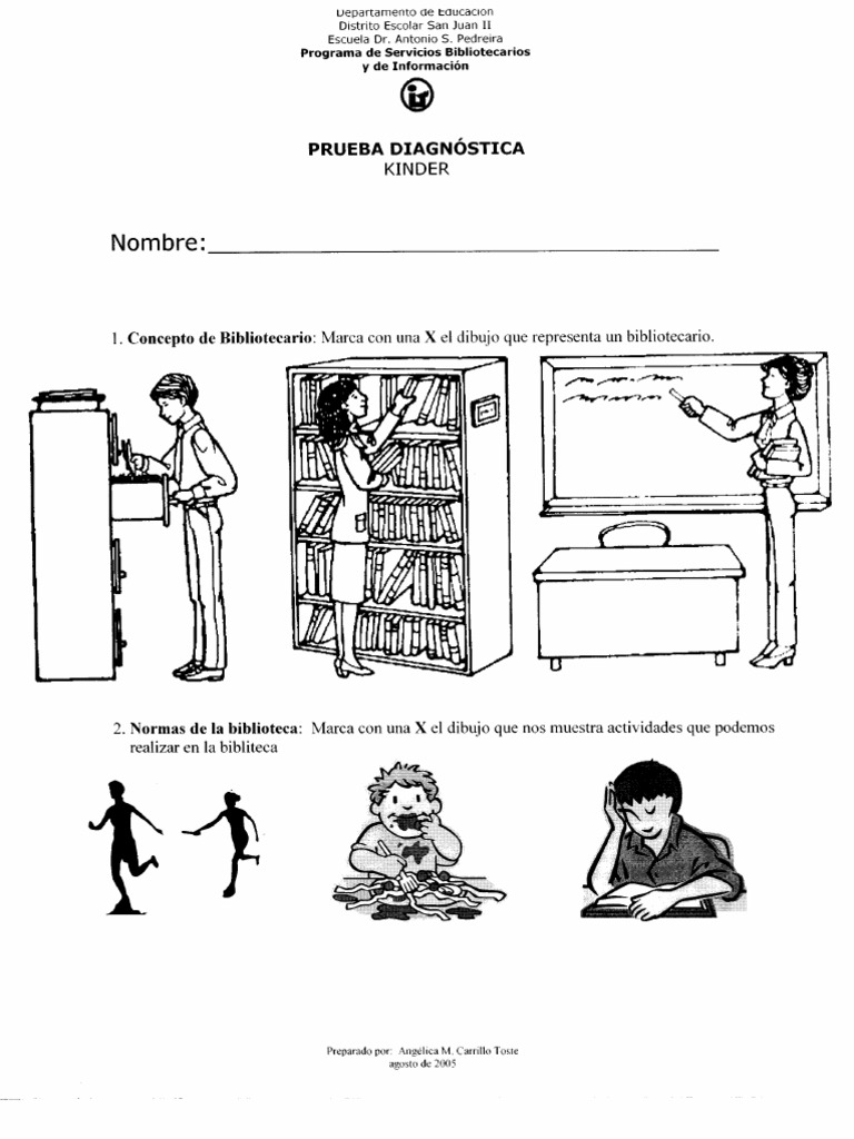 Prueba Diagnostica Sobre Destrezas Bibliotecarias - Kinder | PDF