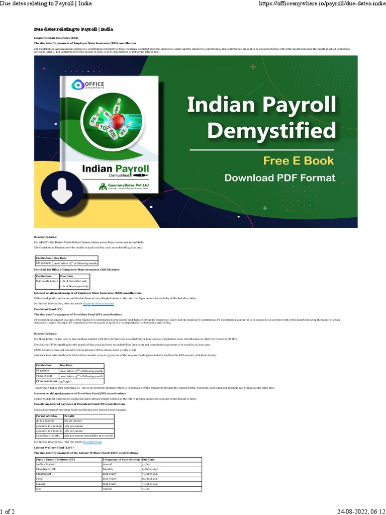 Due Dates Relating To Payroll India ESI, PT, PF, TDS | PDF | Payroll ...