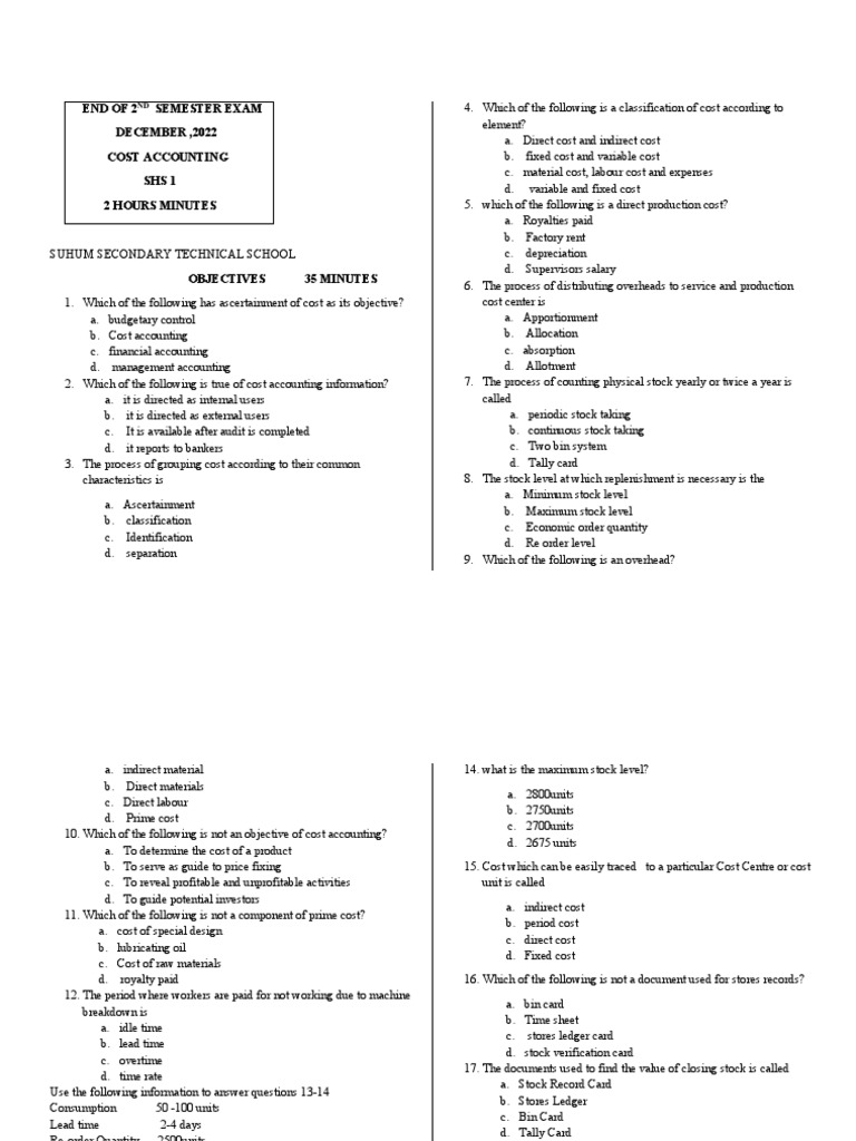 Cost Accounting SHS1 QUESTIONS | PDF