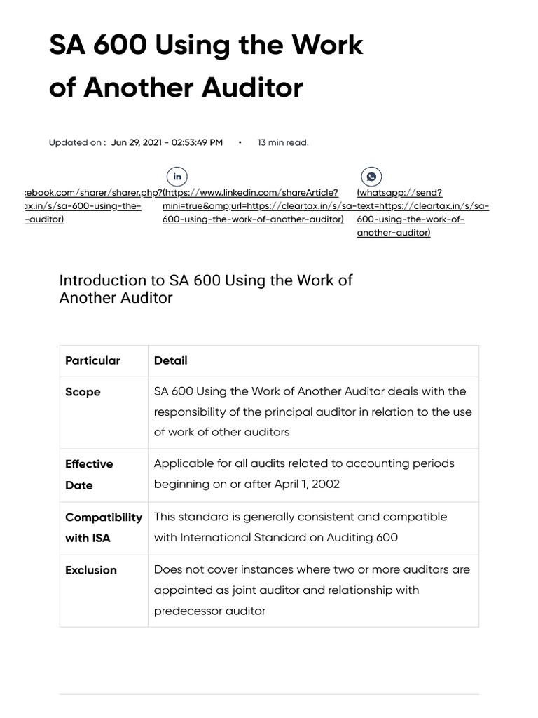 SA 600 Using The Work of Another Auditor | PDF