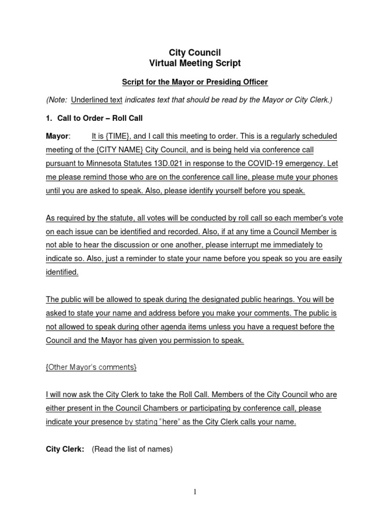 Virtual City Council Meeting Script | PDF | Agenda (Meeting) | Public Law
