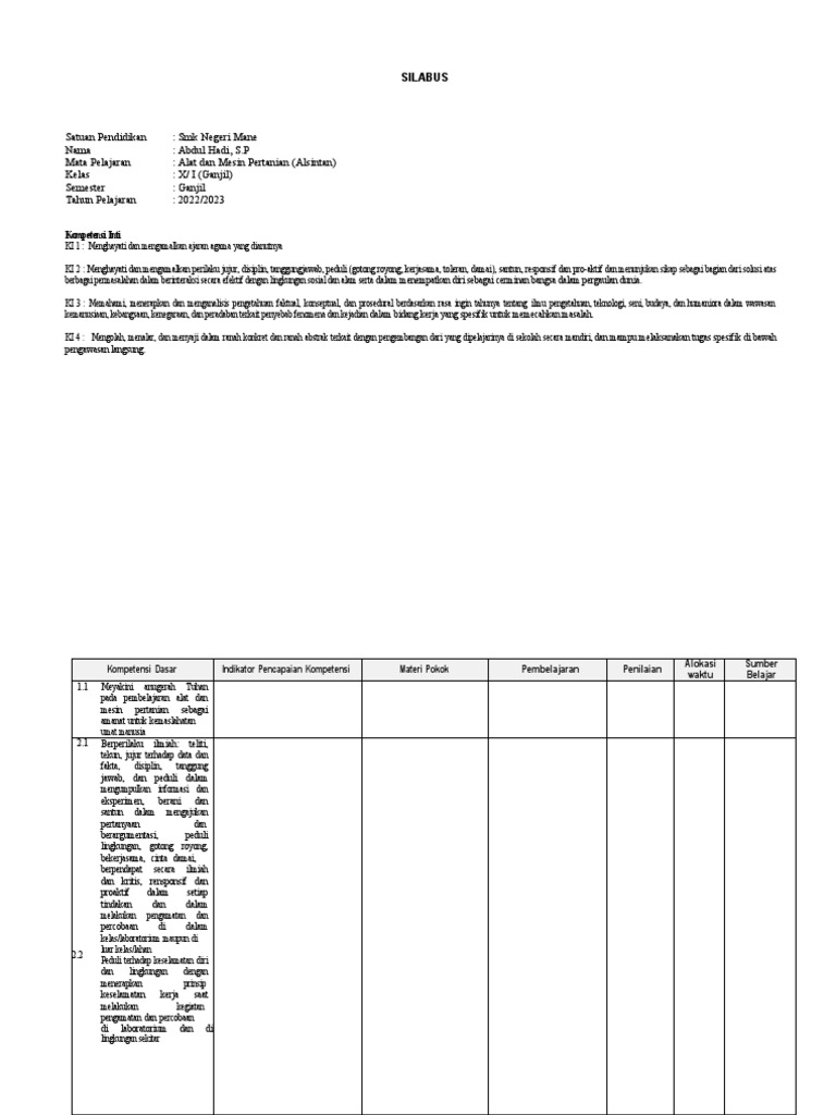 Silabus Alsintan Kls X PDF Free | PDF