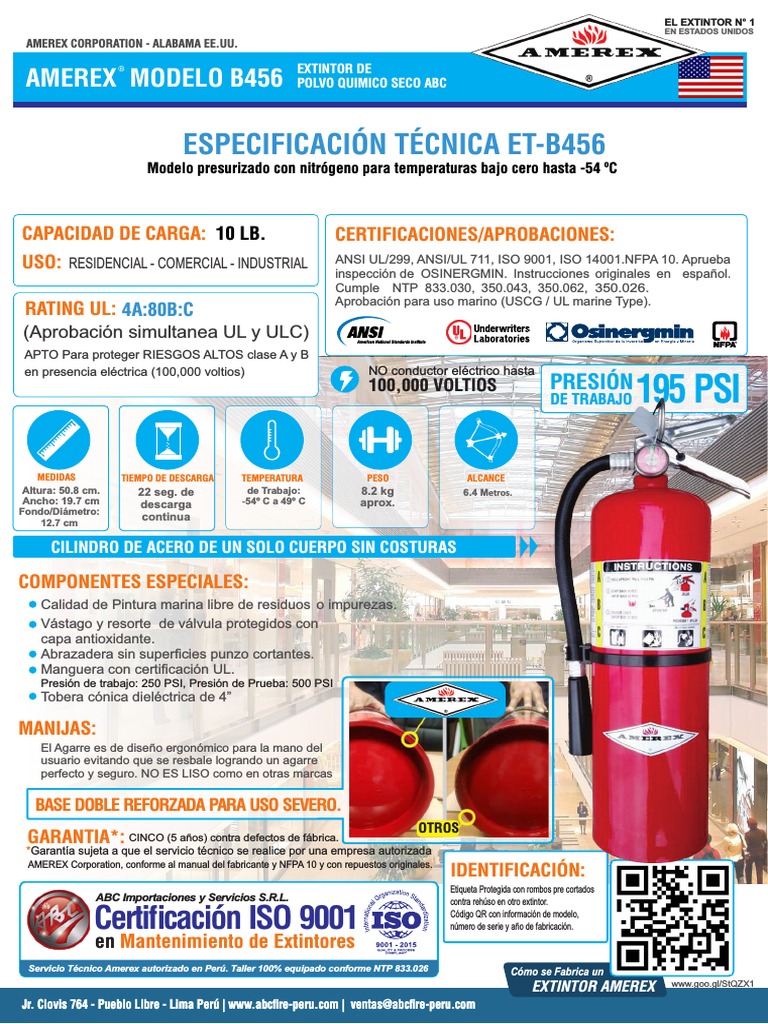 Extintor Amerex Polvo Quimico Seco Abc 10 Libras Osinergmin Indeci Modelo B456 Con Certificacion ...