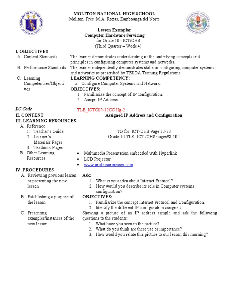 Lesson Exemplar ICT Q3 LESSON EXEMPLAR ICT-CHS10 - IP CONFIGURATION | PDF | Technology & Engineering