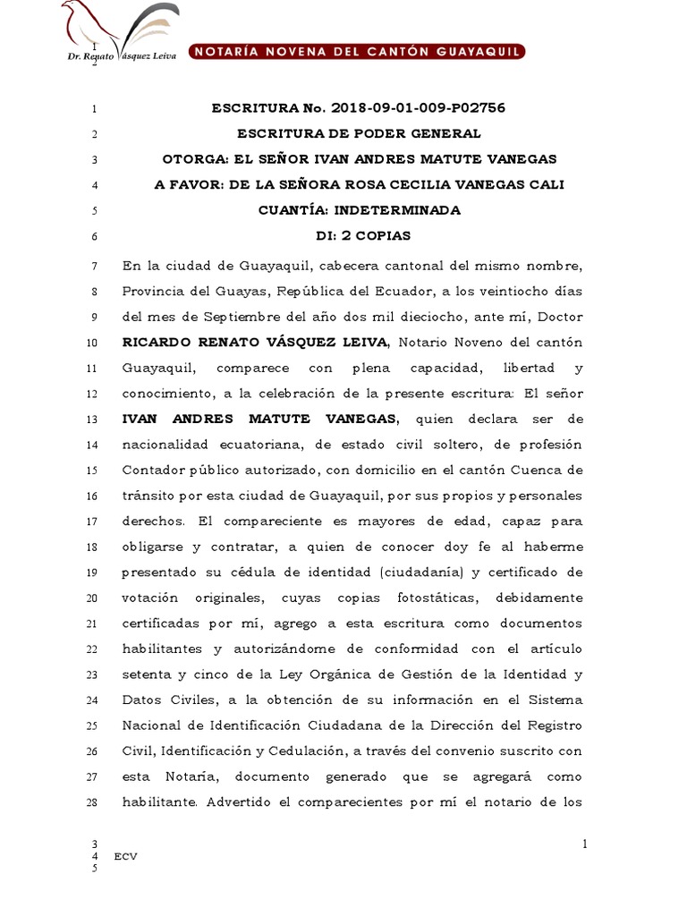 Poder General - Ivan Matute Vanegas A Favor de Rosa Vanegas Cali - Ecv | PDF