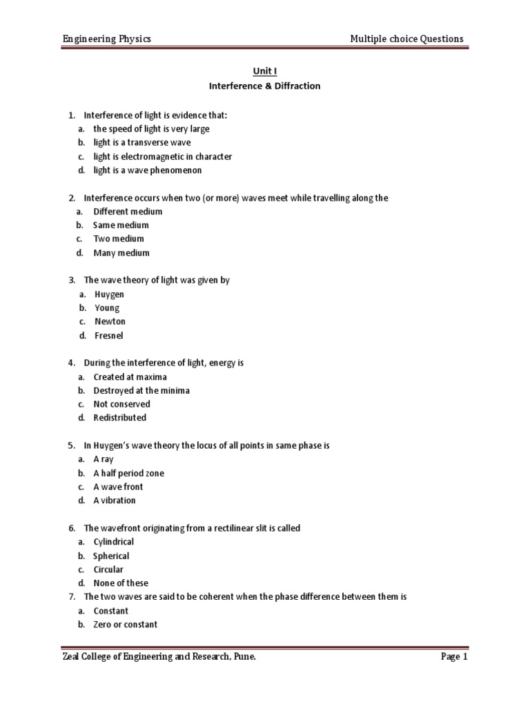Physics MCQs on Interference & Diffraction | PDF | Refractive Index | Coherence (Physics)