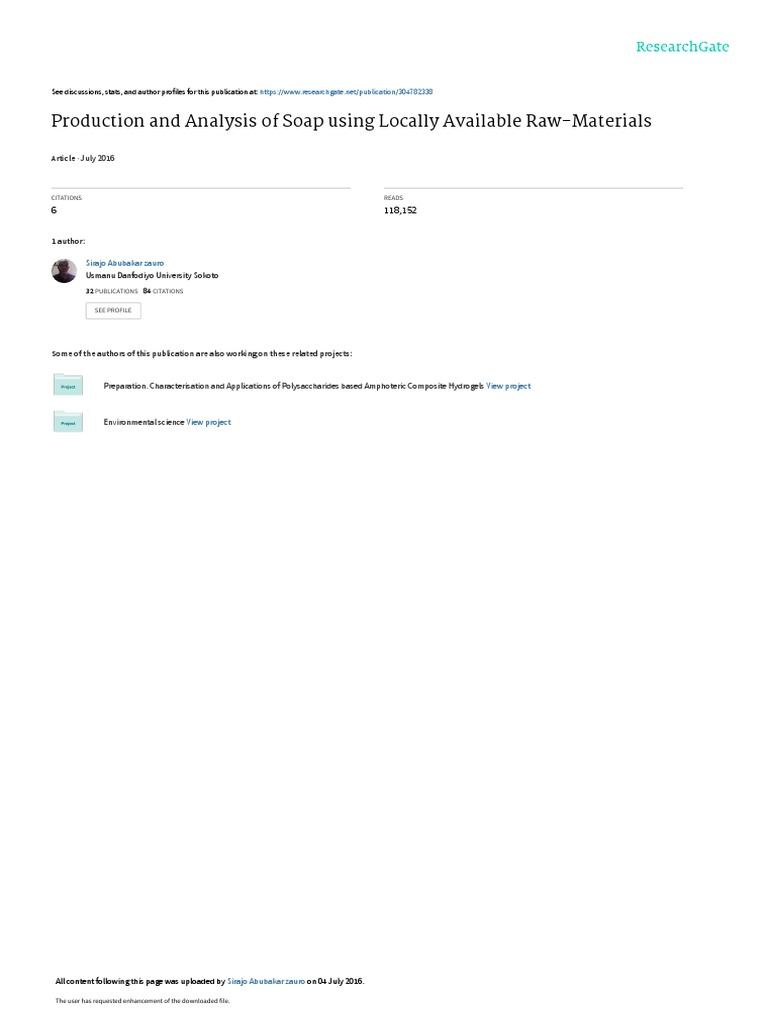 Production and Analysis of Soap Using Locally Available Raw-Materials | PDF | Soap | Materials