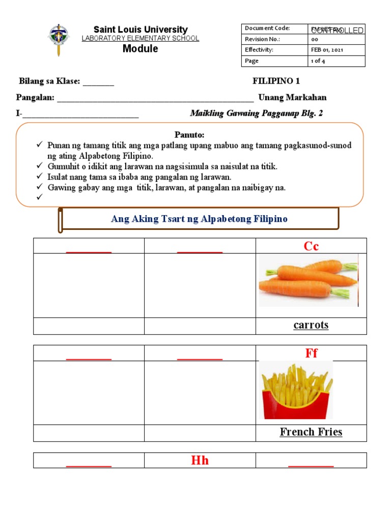Module 2 Filipino 1 QTR 1 ANSWER SHEET | PDF