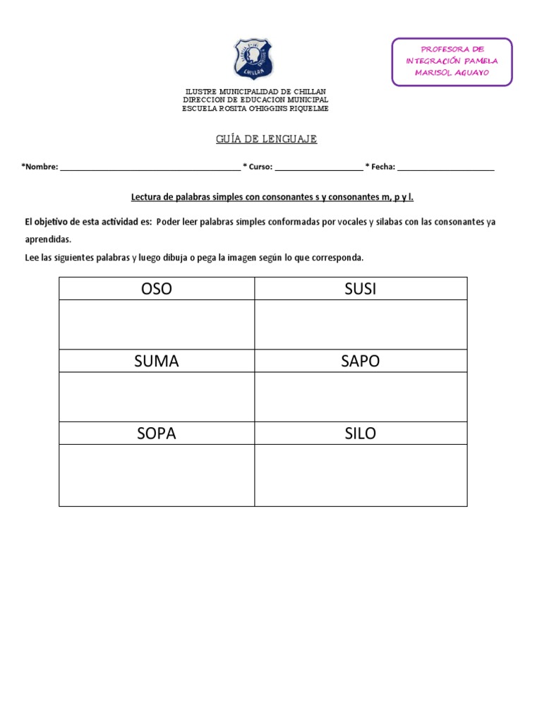 Lectura de Palabras Simples Consonante S M P y L | PDF
