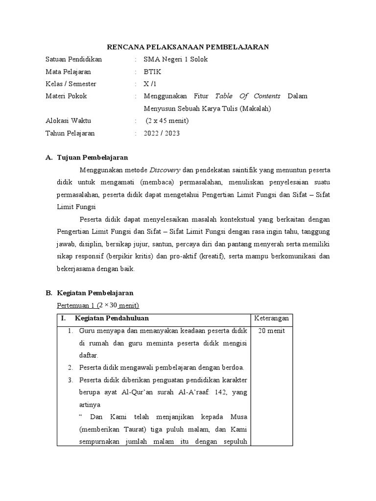 RPP Tik Kls X Semester 1 | PDF