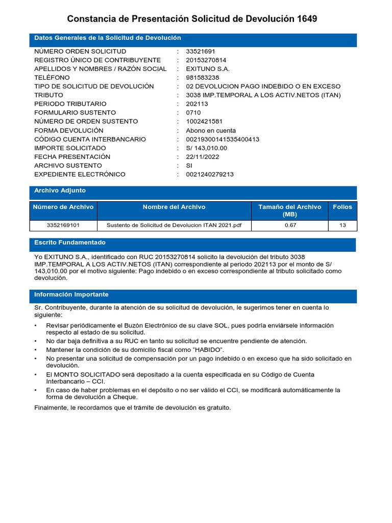 Constancia de Presentación Solicitud de Devolución 1649 | PDF