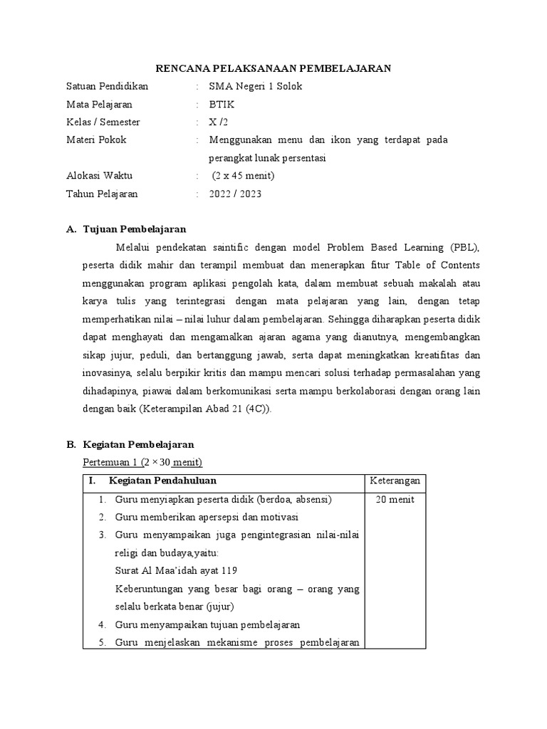RPP Tik Kls X Semester 2 | PDF