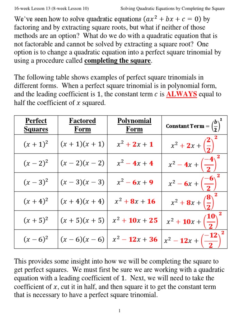Solving Quadratic Equations by Completing The Square | PDF