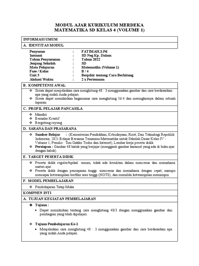 Modul Ajar MTK Unit 3 | PDF