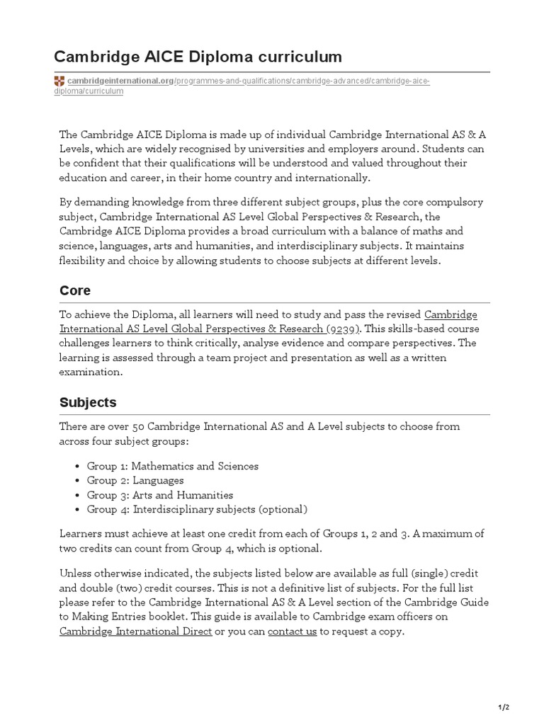 Cambridge AICE Diploma Curriculum | PDF