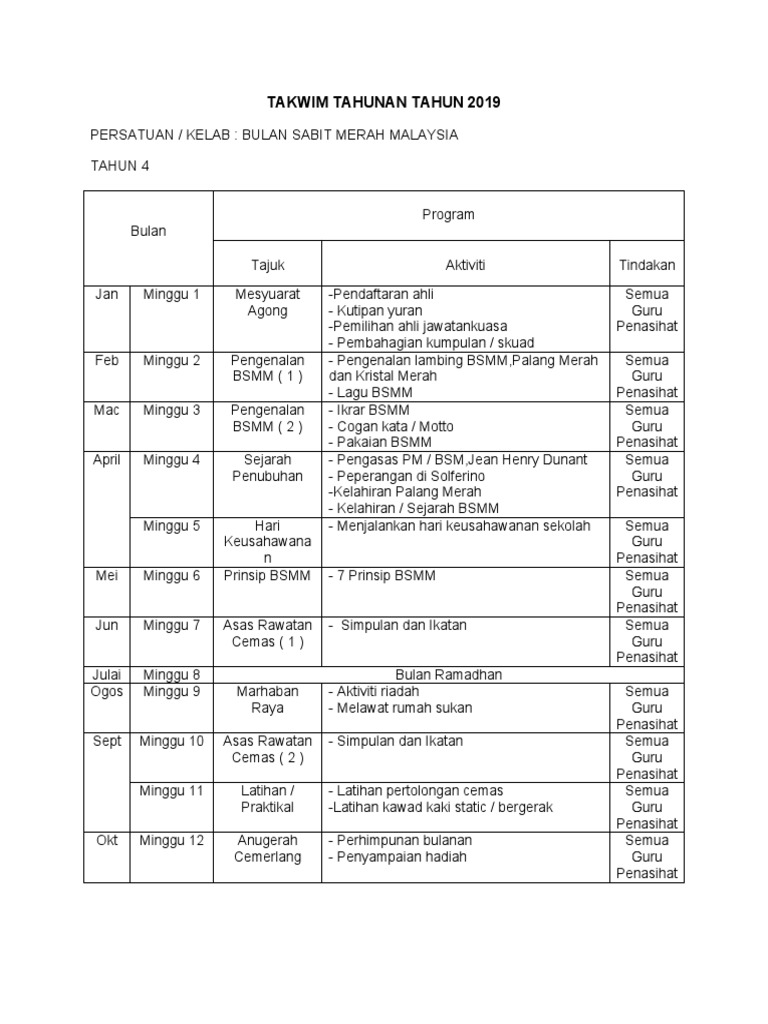 Takwim BSMM Tahunan Tahun 2015 | PDF