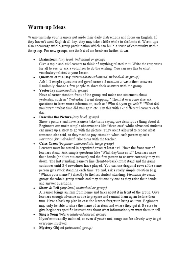 Warm Ups | PDF | Learning | Reading Comprehension