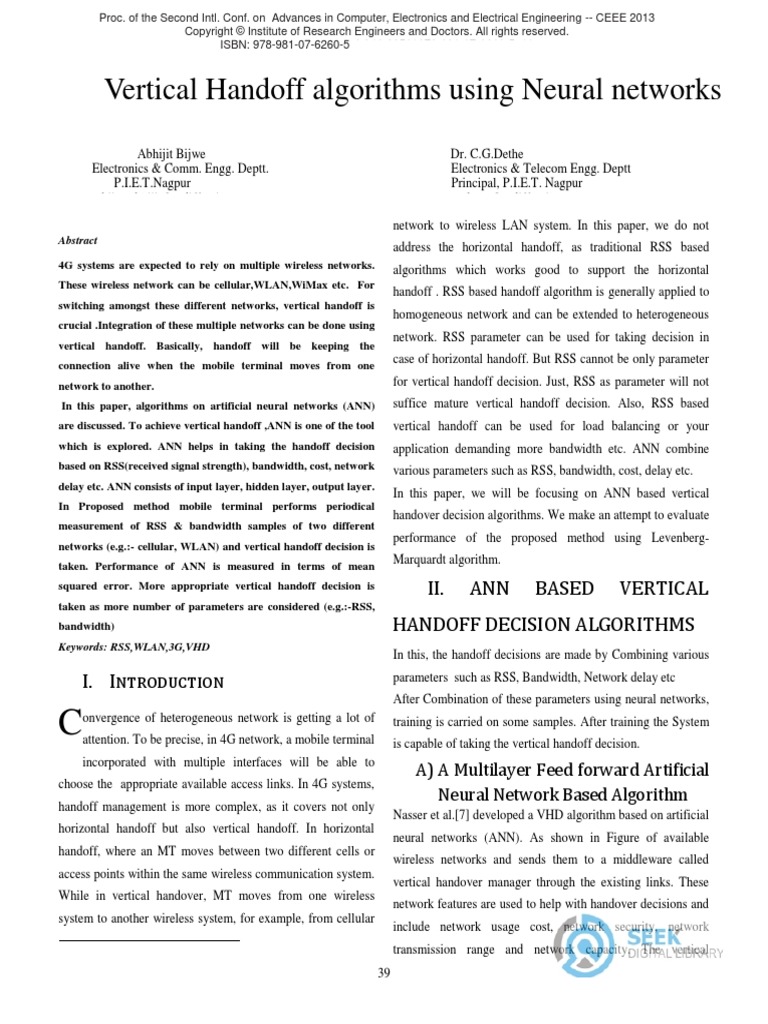 Vertical Handoff Algorithms Using Neural Download Free Pdf Artificial Neural Network 